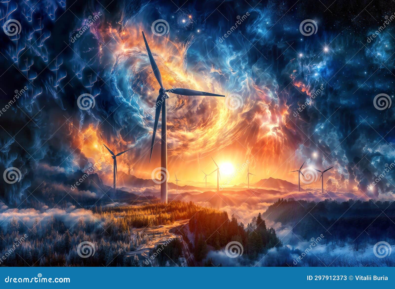 Fantasy Landscape with Wind Turbines. 3d Render. Nature Background ...
