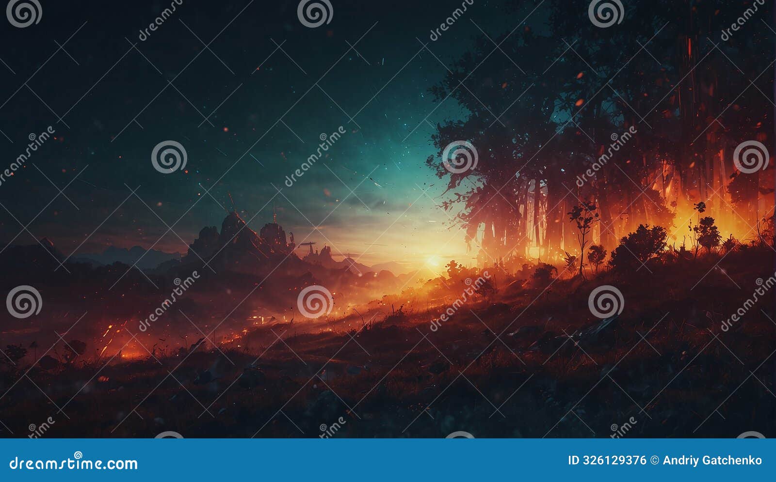 Fantasy Landscape with a Fiery Forest, Distant Mountains, and a ...