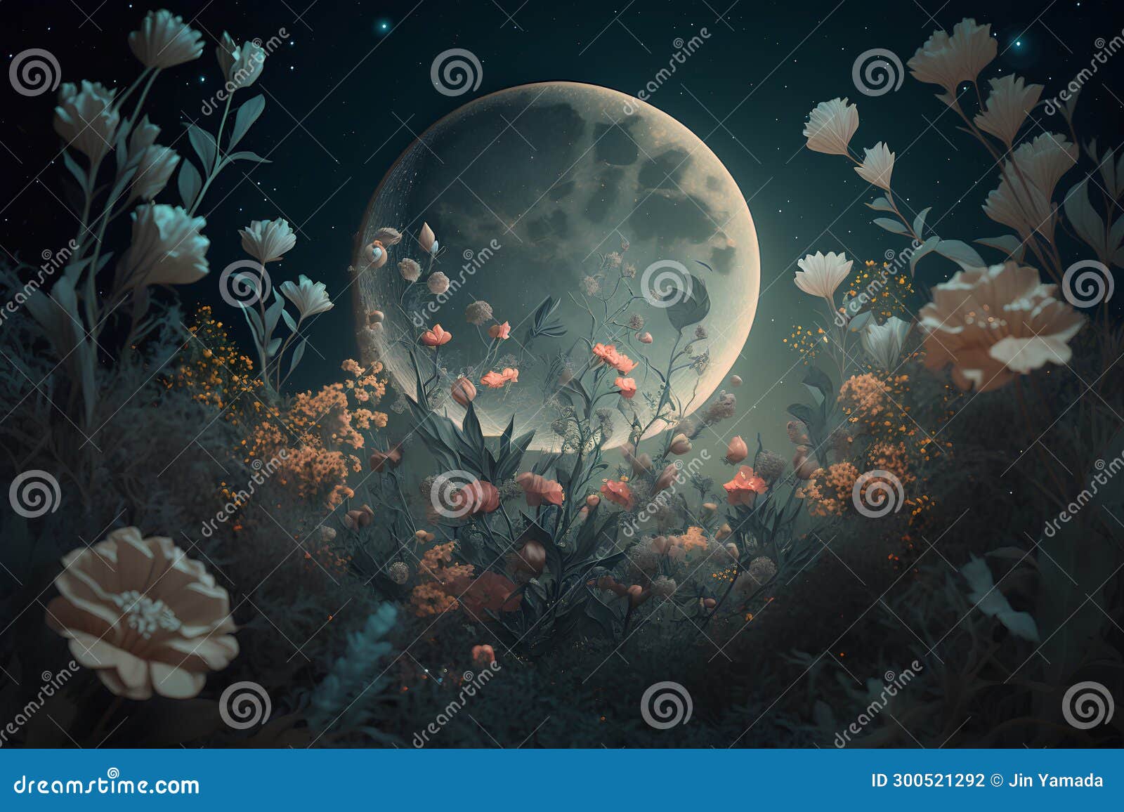 Fantasy Landscape with Flowers and Full Moon. 3D Illustration Stock ...