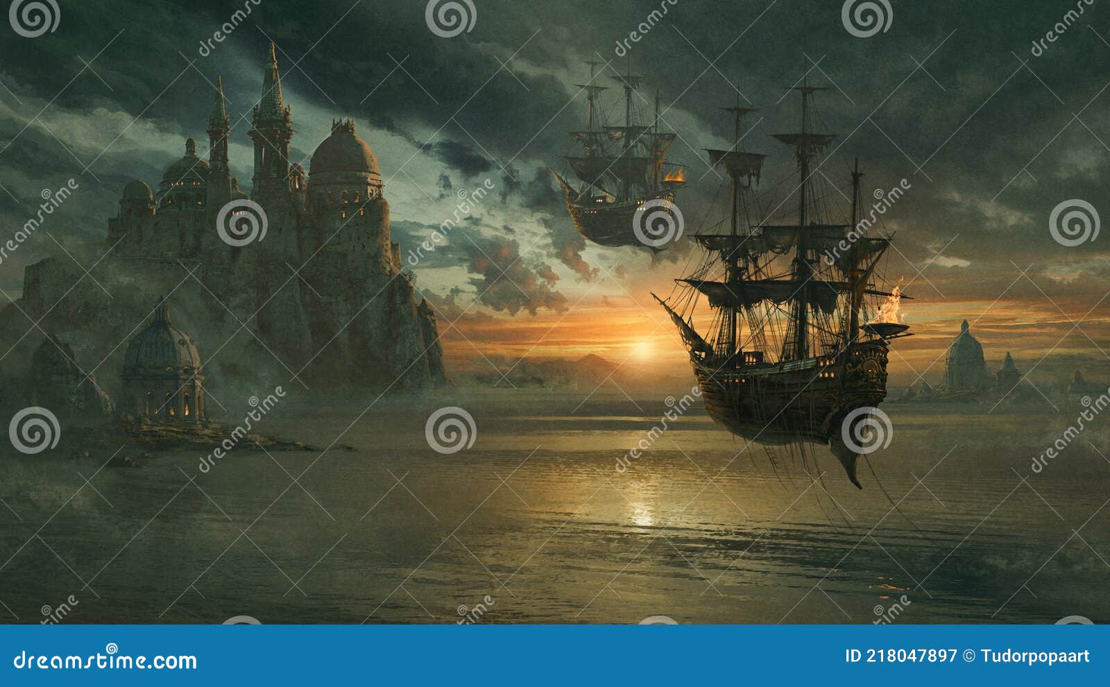 Fantasy Landscape with Flying Ship Stock Illustration - Illustration of ...