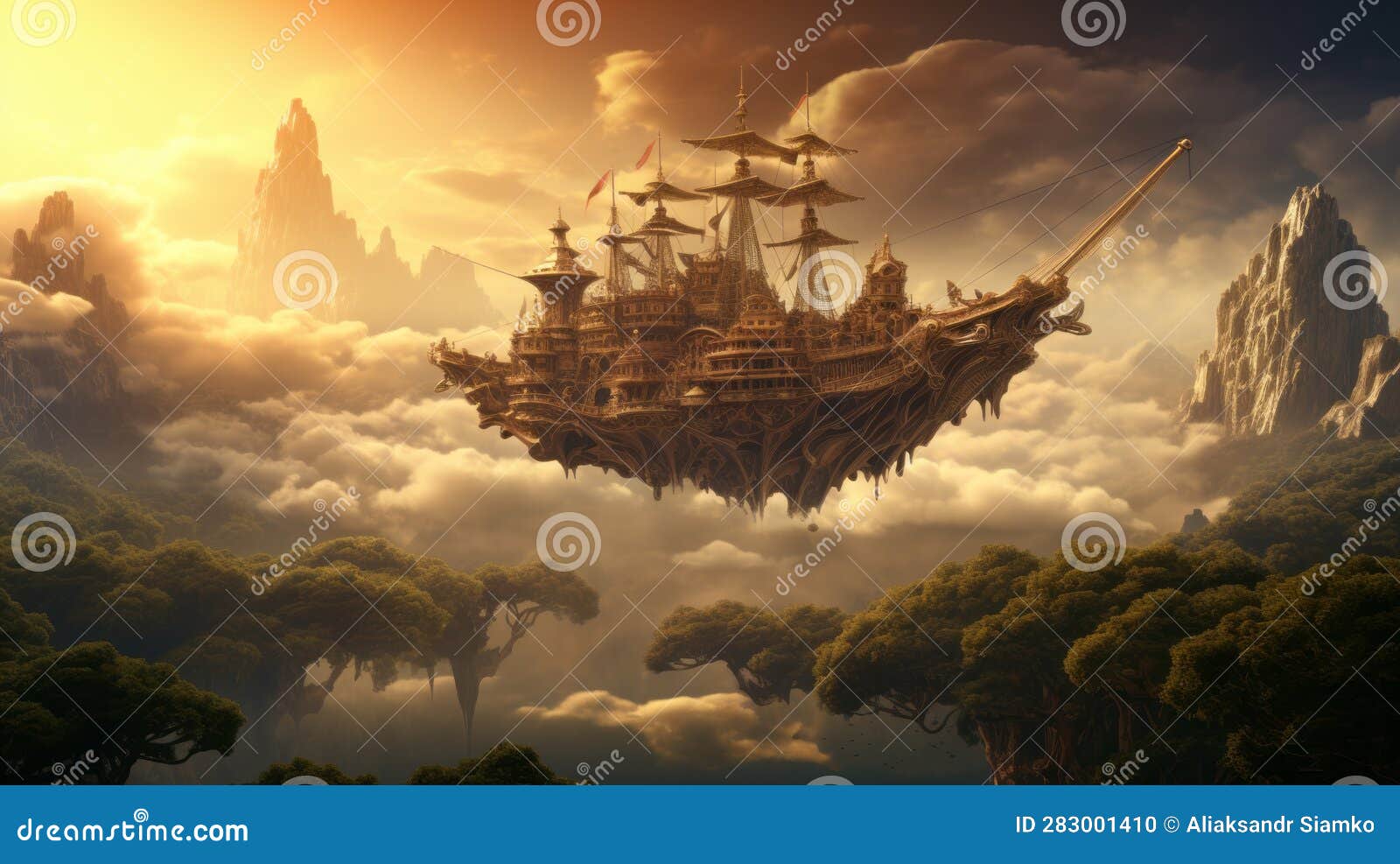 Fantasy Landscape with Flying Ship - Generative AI Stock Illustration ...