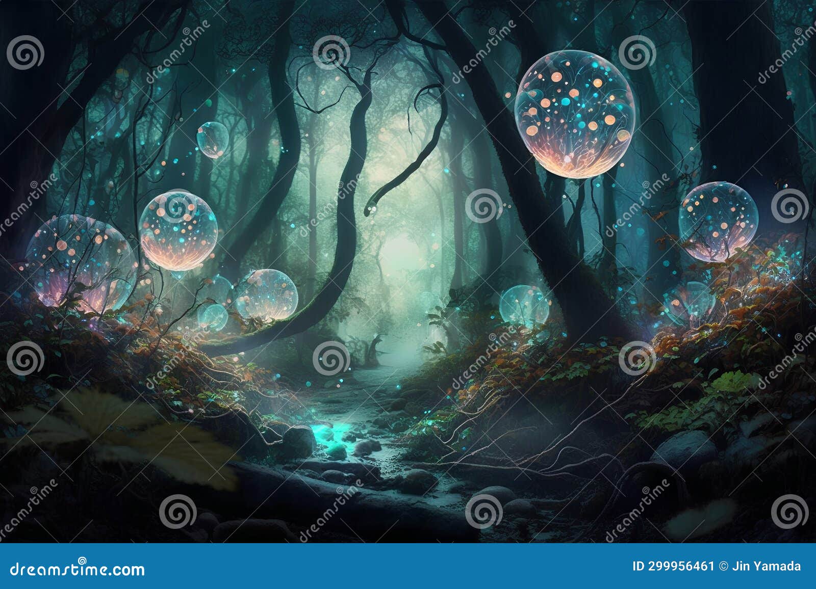 Fantasy Landscape with Fantasy Forest and Magic Bubbles, 3d ...