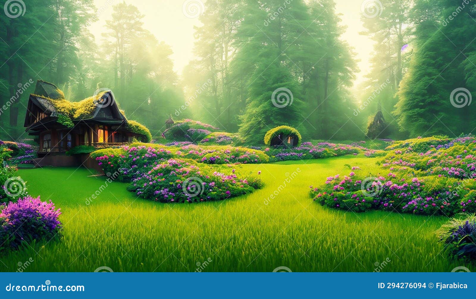 Fantasy Landscape with Forest and Meadow Stock Illustration ...