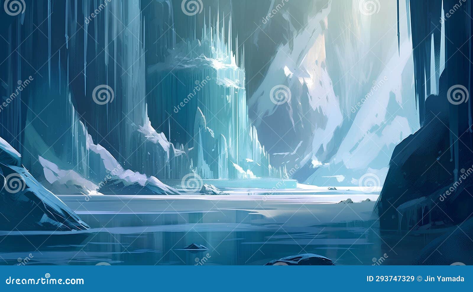 Fantasy Landscape with Frozen Lake and Ice Cave. Vector Illustration ...