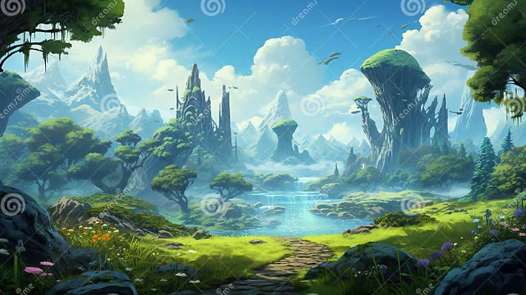 Fantasy Landscape Game Art.ai Generative Stock Image - Image of green ...