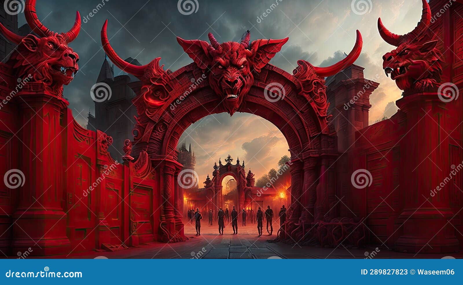 Fantasy Landscape with Gate and Demon at Night, 3d Illustration Stock ...