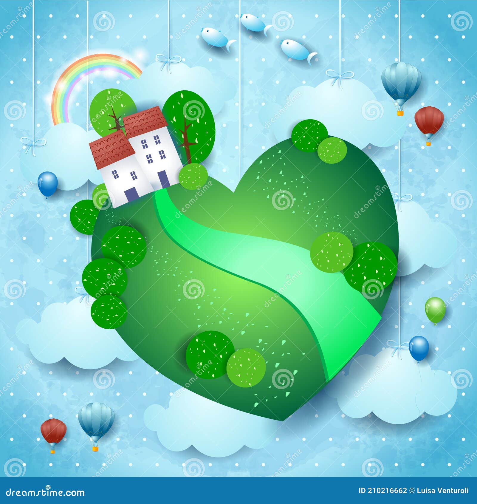 Fantasy Landscape With Homes And Heart On Sky Background Vector ...
