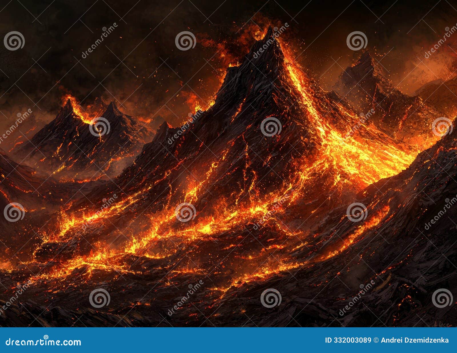 This Fantasy Landscape Illustration Shows Lava and Mountains Stock ...