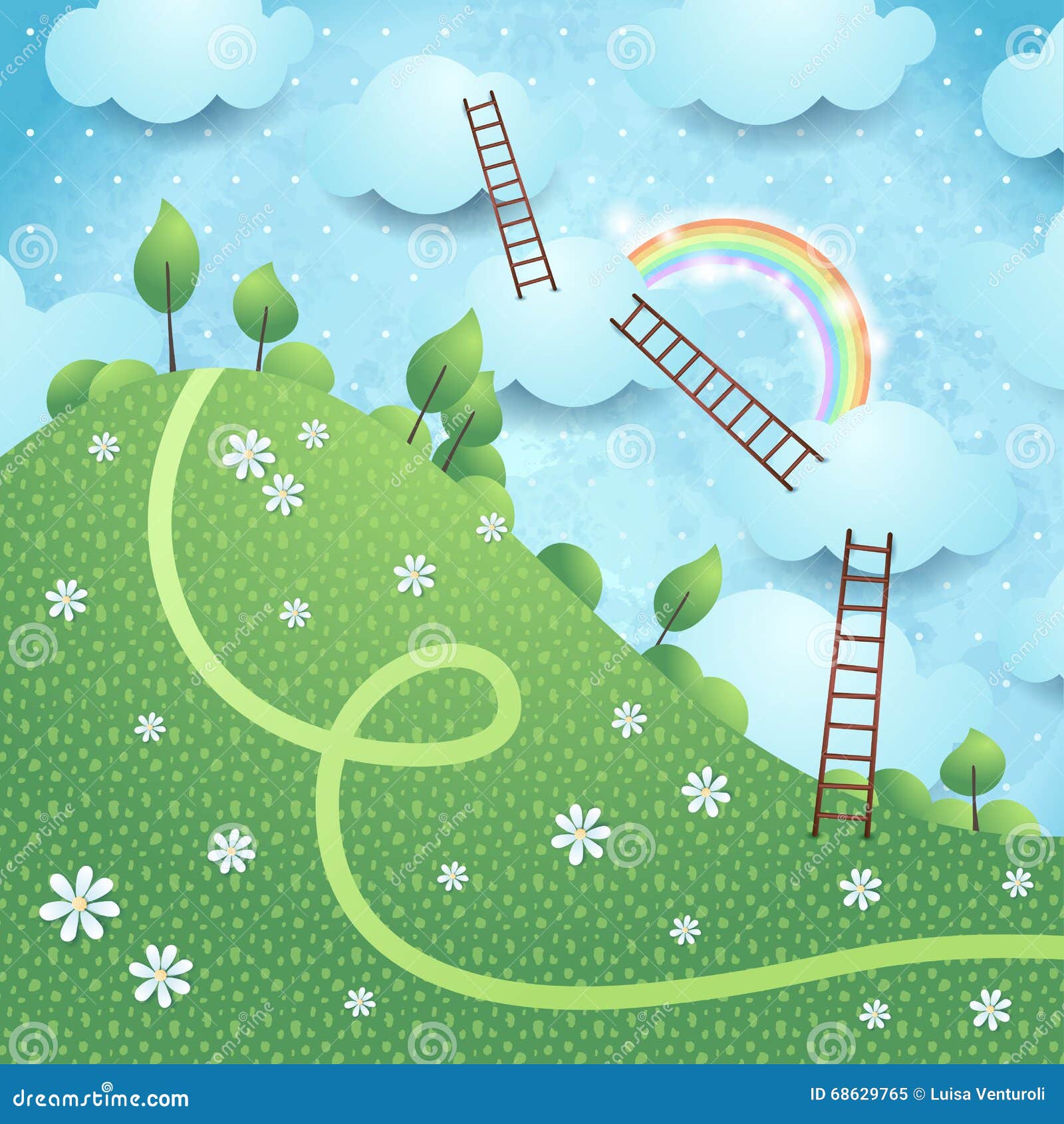 Fantasy Landscape with Ladders Stock Vector - Illustration of green ...