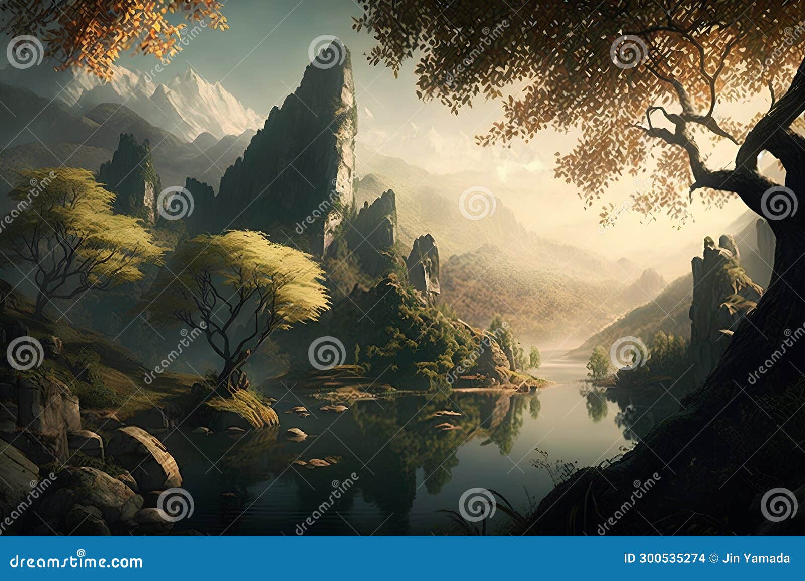 Fantasy Landscape with a Lake, Trees and Mountains in the Background ...