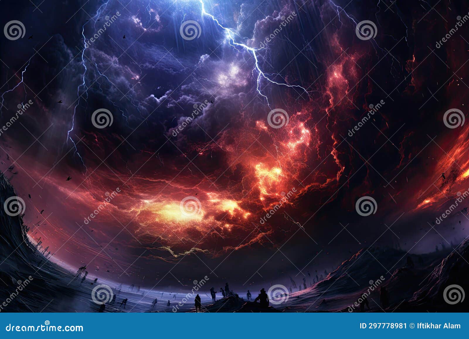 Fantasy Landscape with Lightning in the Night Sky. 3d Rendering, Space ...