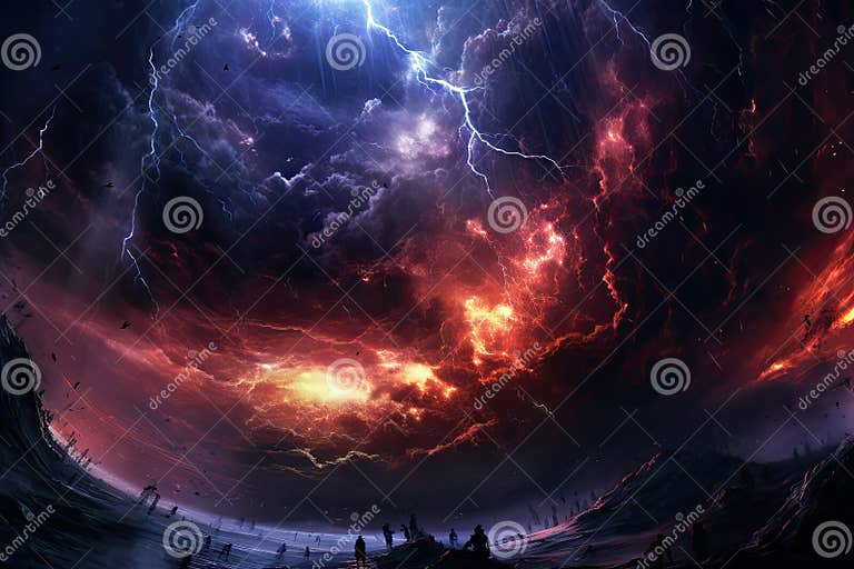Fantasy Landscape with Lightning in the Night Sky. 3d Rendering, Space ...