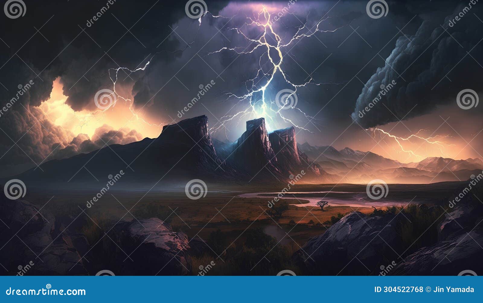Fantasy Landscape with Lightning in the Sky. 3d Illustration Stock ...