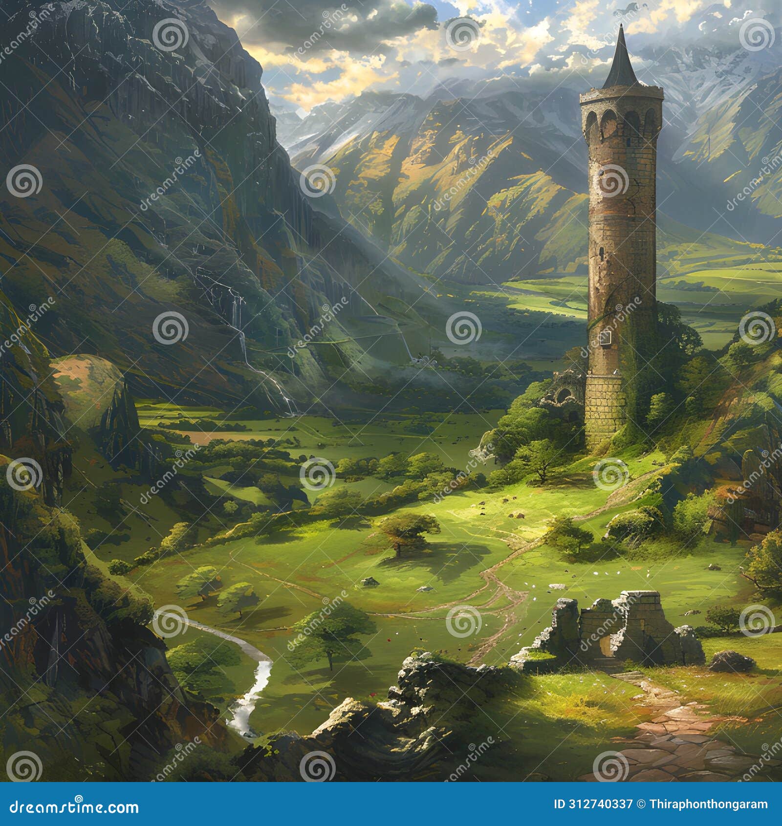 Mage tower in Fantasy land stock illustration. Illustration of land ...