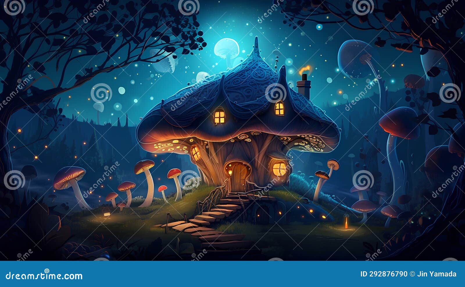 Fantasy Landscape with Magic Mushroom House in the Forest at Night ...