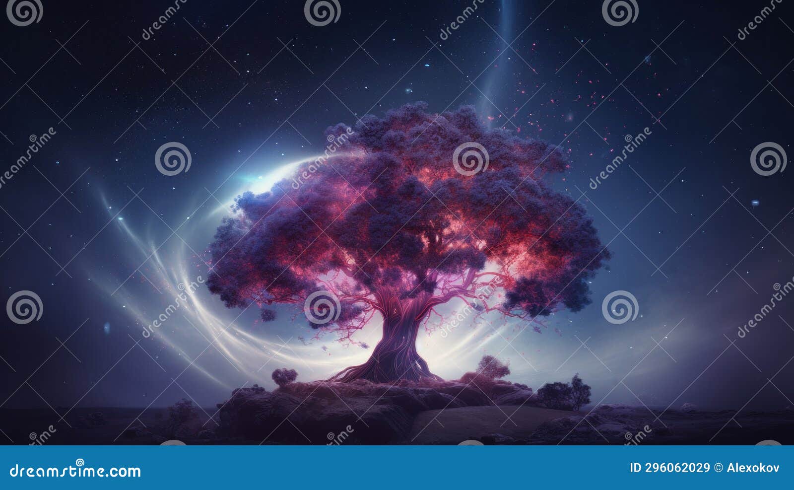 Fantasy Landscape with Magic Tree and Lightning. 3d Illustration Stock ...