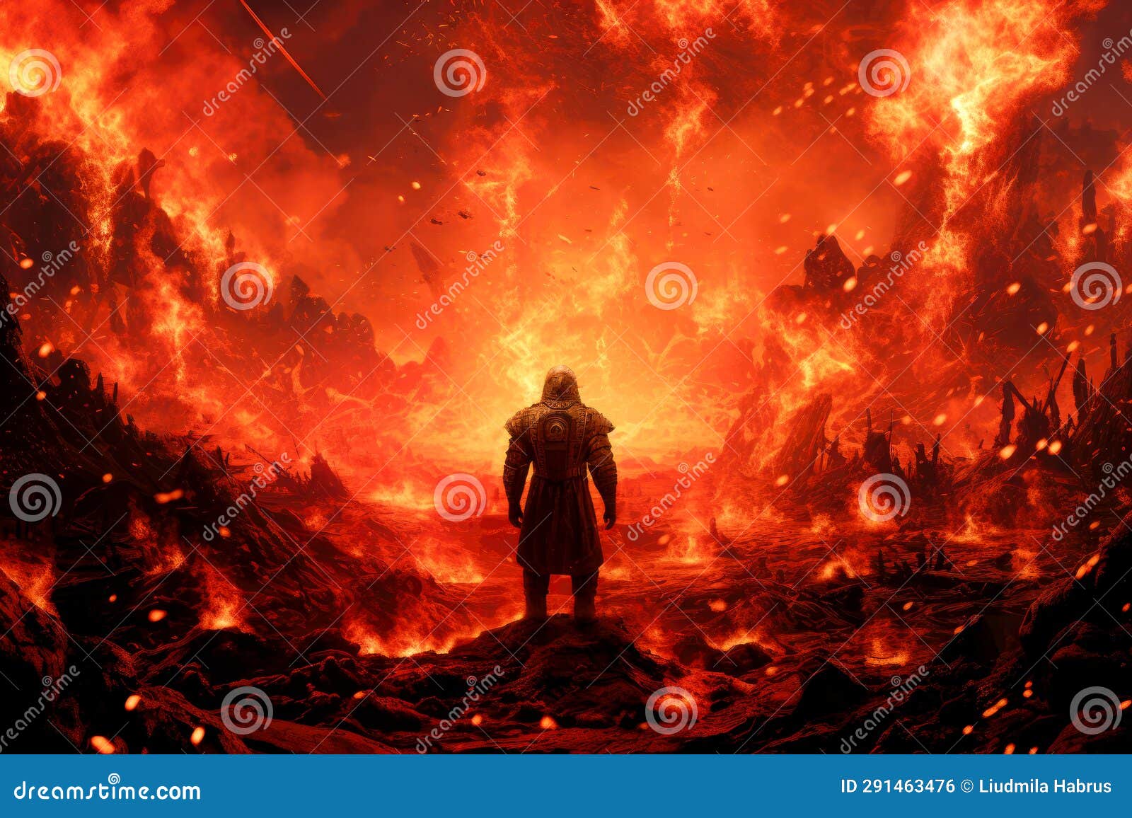 Fantasy Landscape with a Man in the Fire. Stock Illustration ...