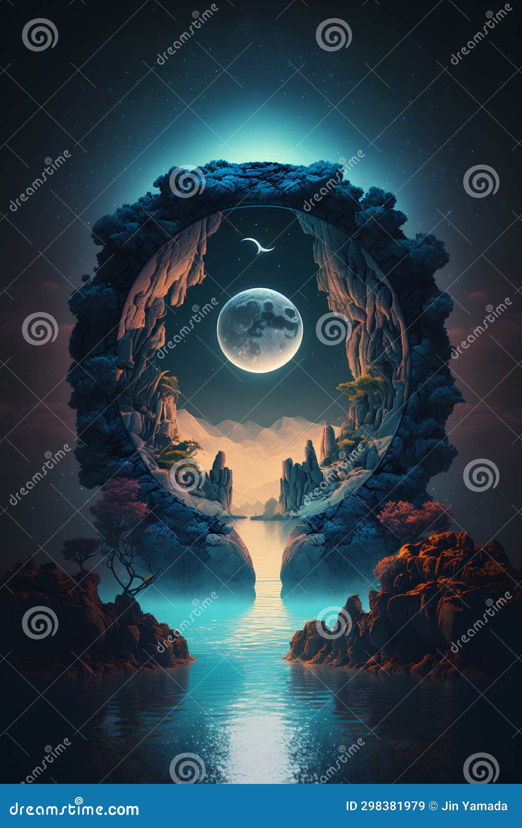 Fantasy Landscape with Moon and Island in the Sea. 3D Rendering Stock ...