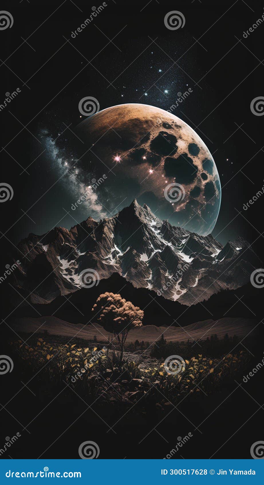 Fantasy Landscape with Moon and Mountains. Elements of this Image ...