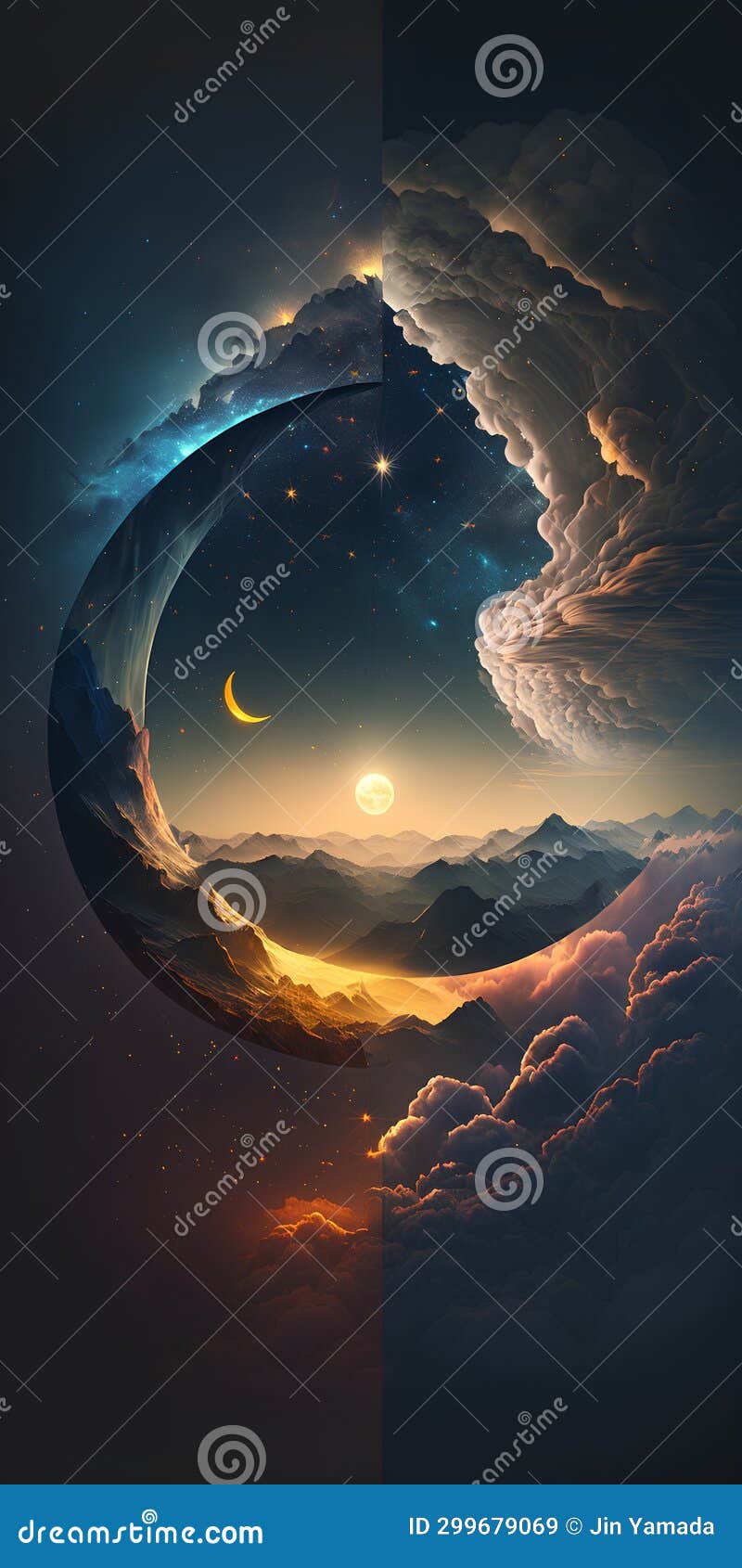 Fantasy Landscape with Moon, Stars and Clouds. 3D Illustration Stock ...