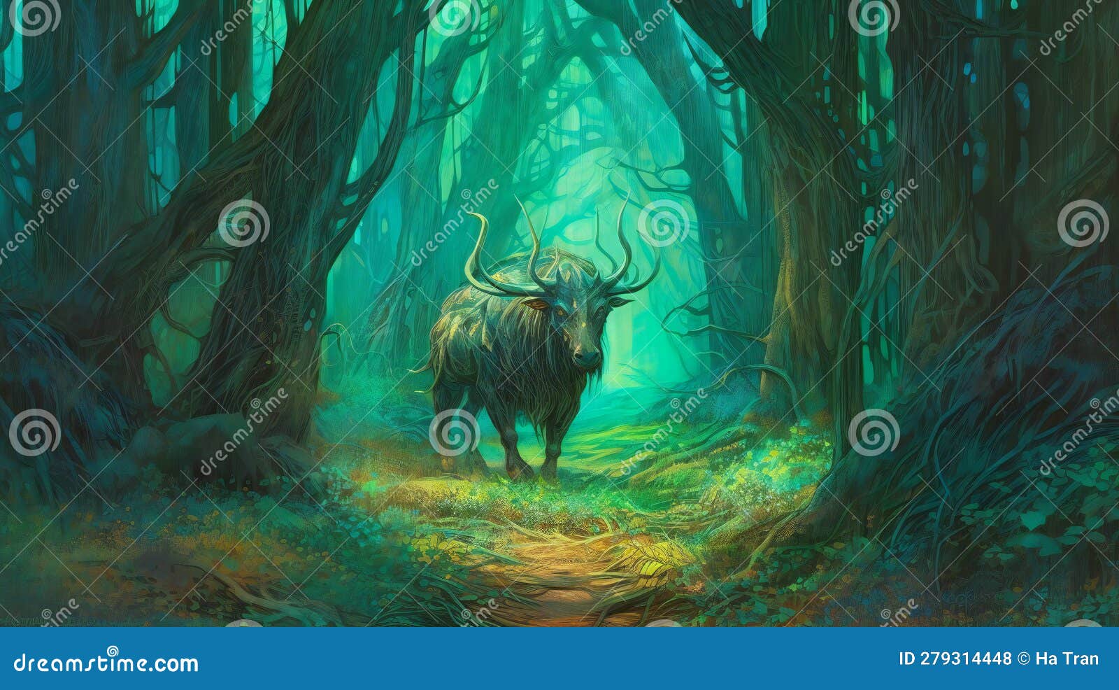Fantasy Landscape with a Moose in the Forest, Stock Illustration ...