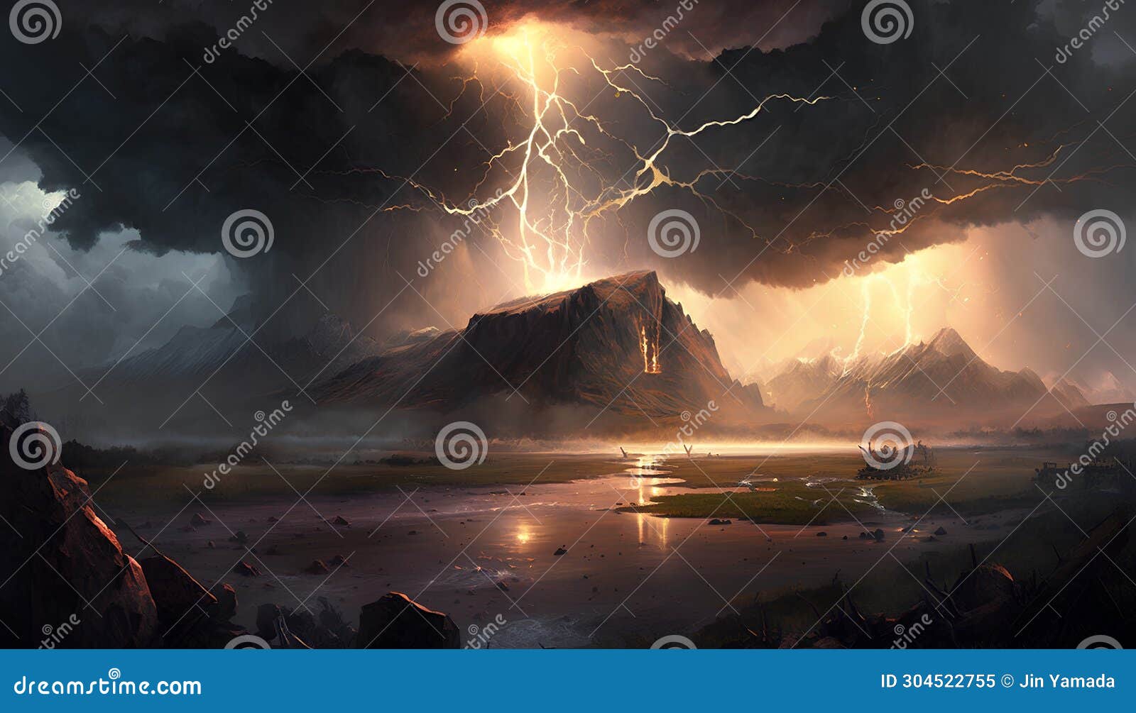 Fantasy Landscape with Mountain and Lightning in the Sky. 3d Rendering ...