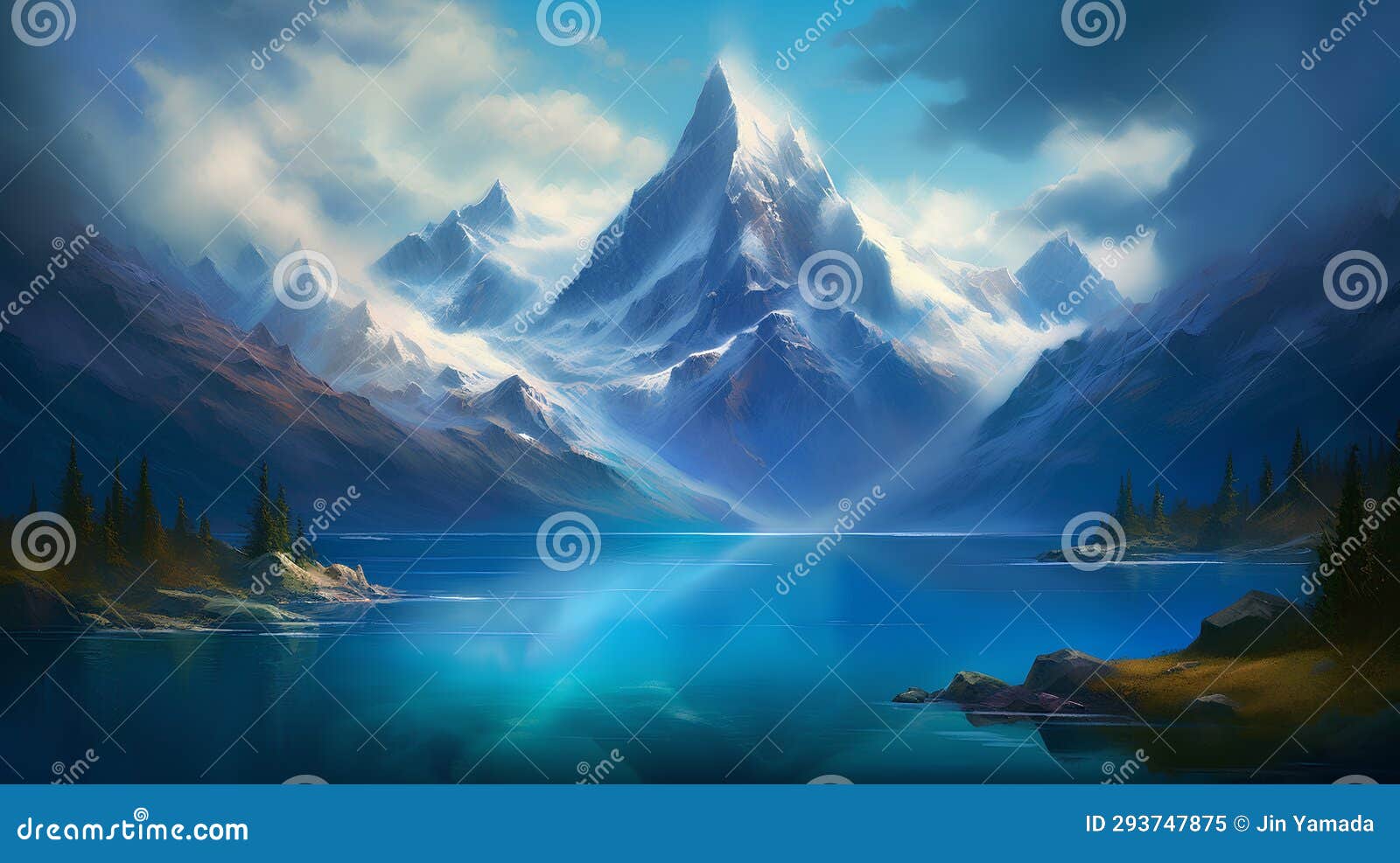 Fantasy Landscape with Mountains and Lake. 3D Rendering. Computer ...