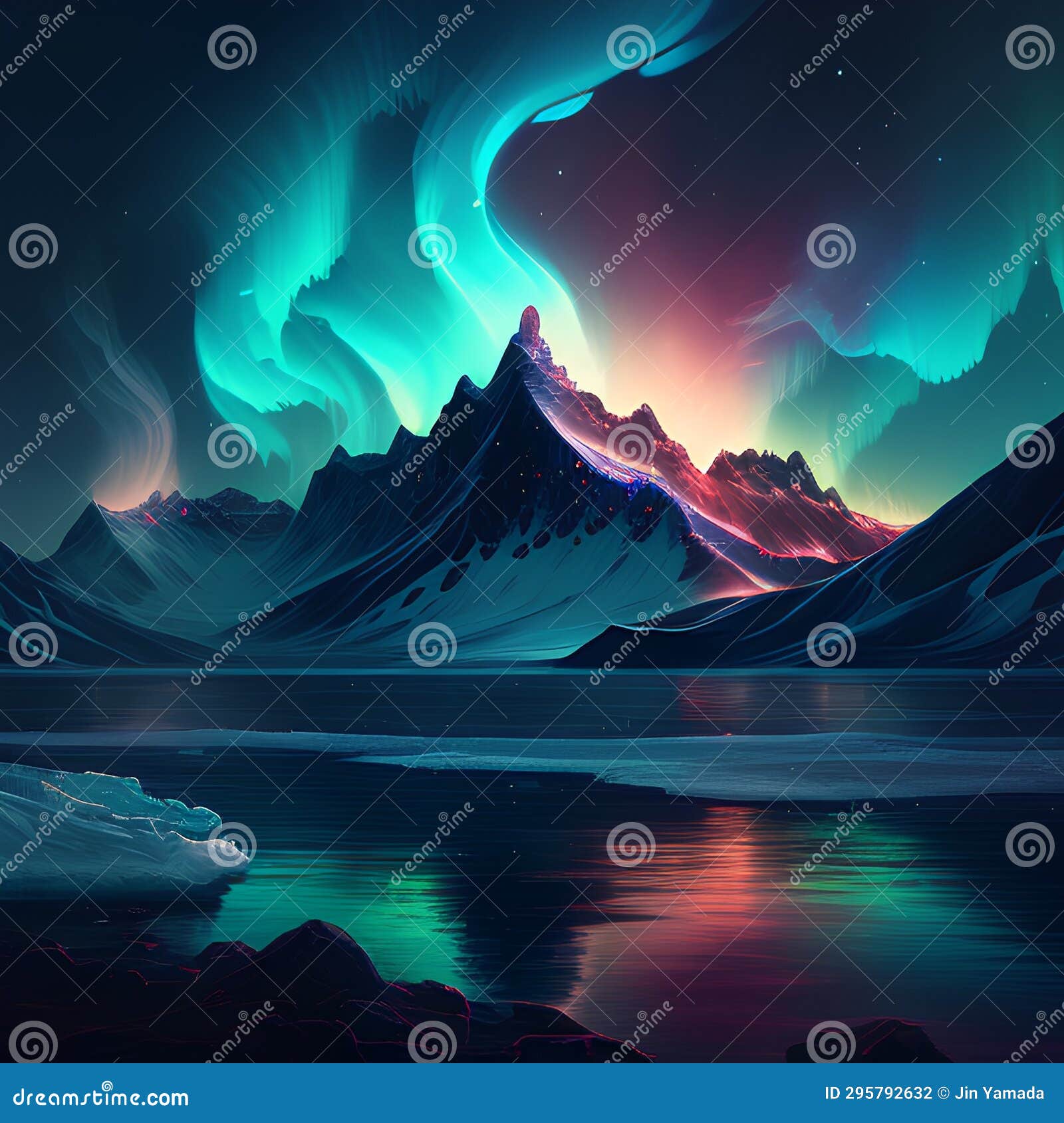Fantasy Landscape with Mountains, Lake and Northern Lights. Vector ...