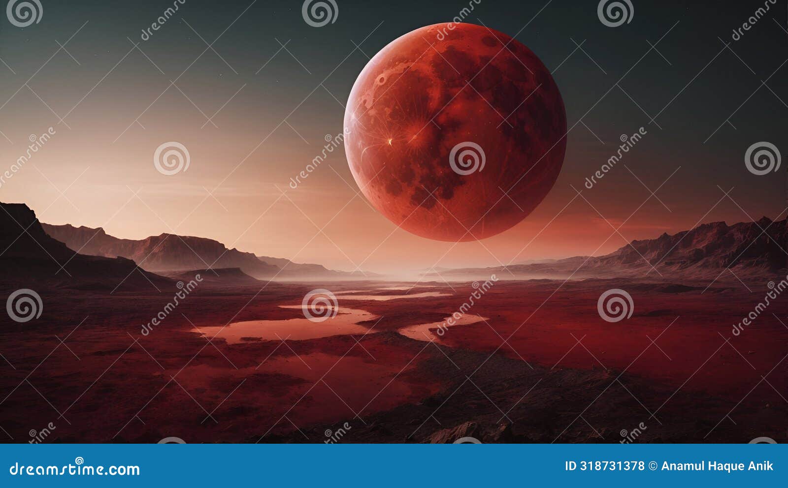 Fantasy Landscape with Mountains and Red Full Moon Stock Illustration ...