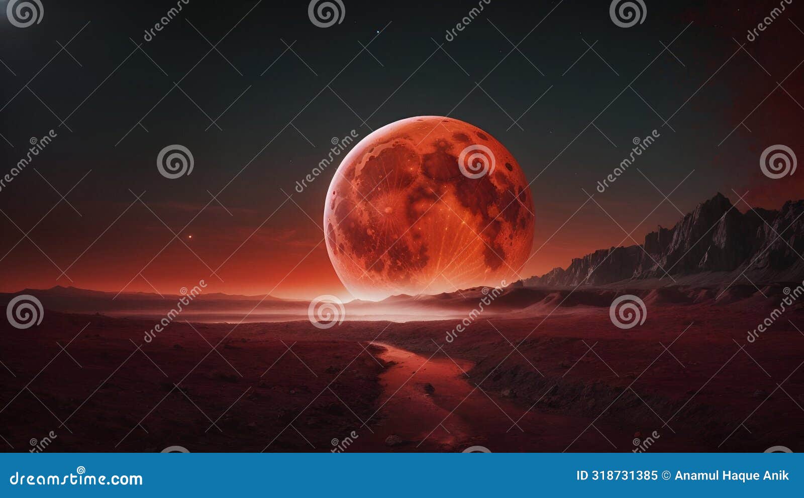 Fantasy Landscape with Mountains and Red Full Moon Stock Illustration ...