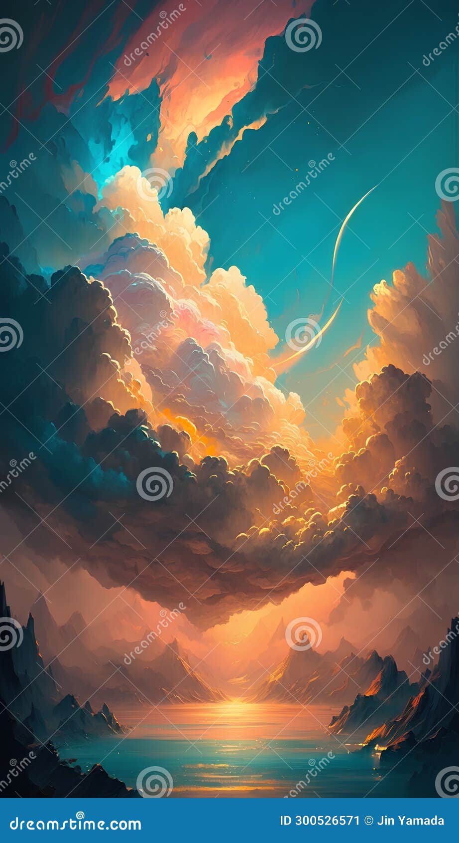 Fantasy Landscape with Mountains, Sea and Sunset. Vector Illustration ...