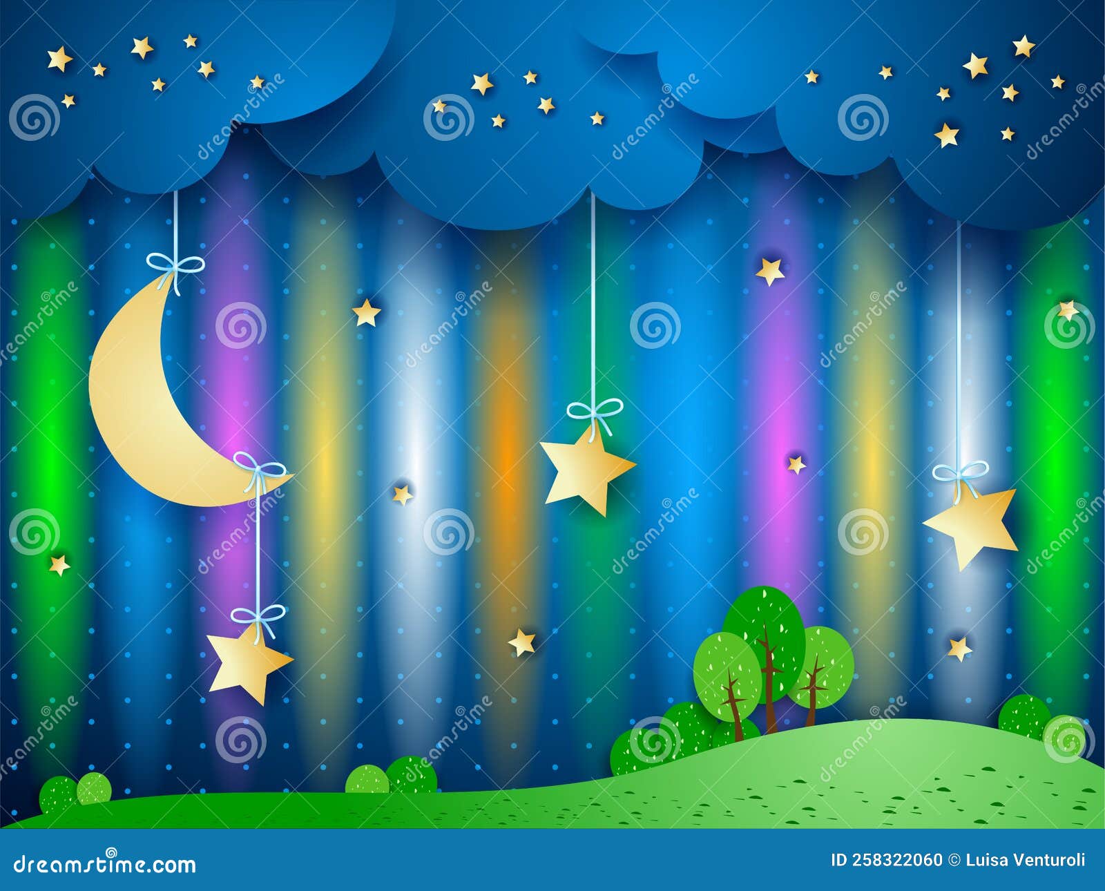 Fantasy Landscape at Night with Northern Lights Stock Vector ...