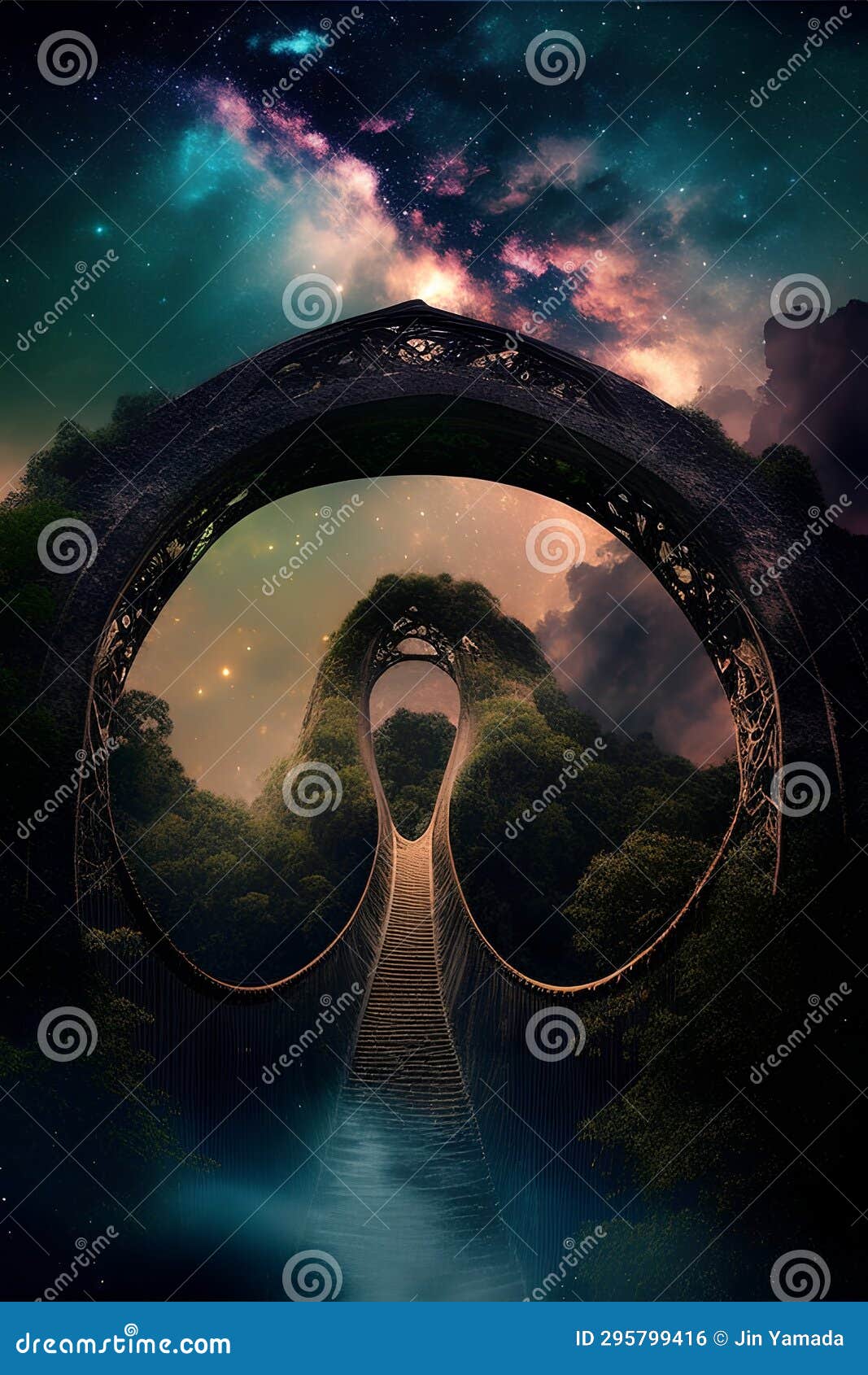 Fantasy Landscape with Old Bridge and Starry Sky. Collage Stock ...