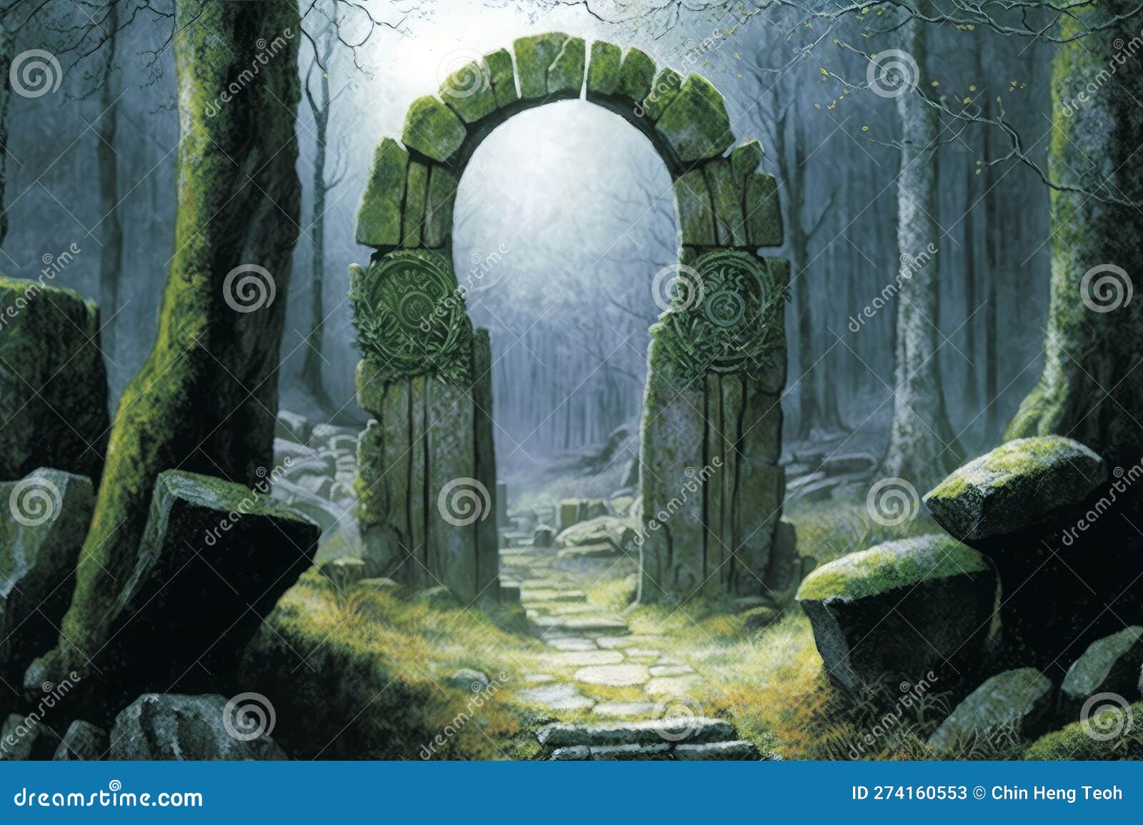 Fantasy Landscape with Old Stone Gate in the Forest at Night ...