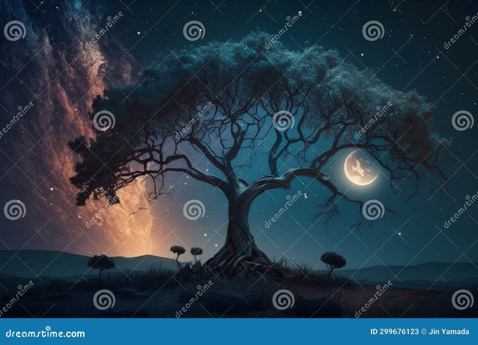 Fantasy Landscape with Old Tree and Moon in the Night Sky. Stock ...