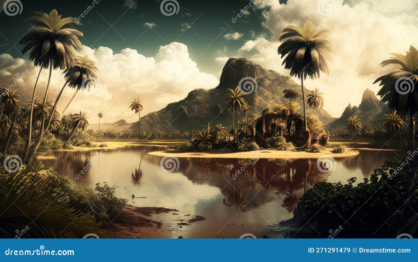 Fantasy Landscape with Palm Trees and Lake. Generative AI Stock ...
