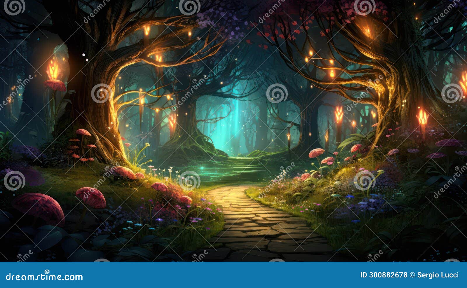 Fantasy Landscape with a Path in the Forest Stock Illustration ...