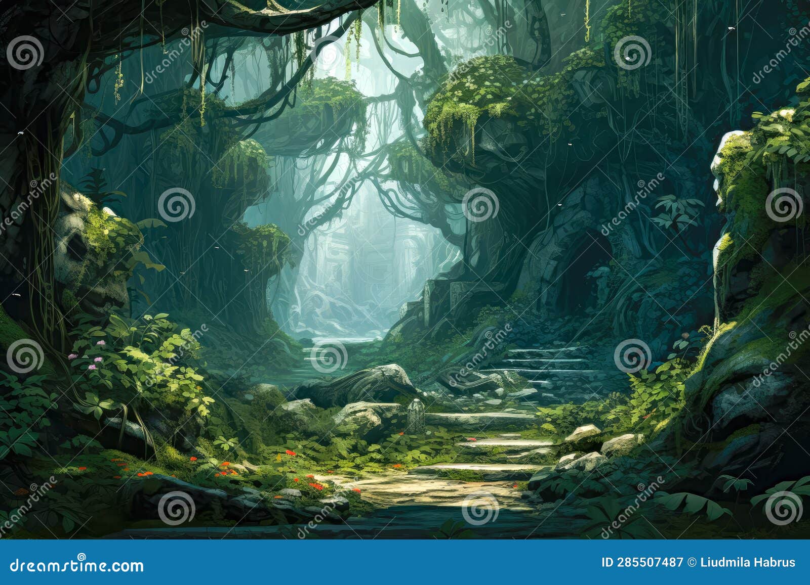 Cave And Tree In Jurassic Peroid . Watercolor Painting Style ...