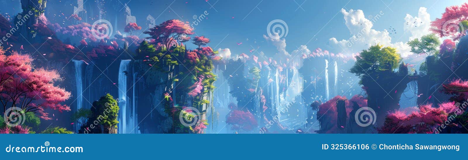 Fantasy Landscape with Pink Trees and Waterfalls Stock Illustration ...