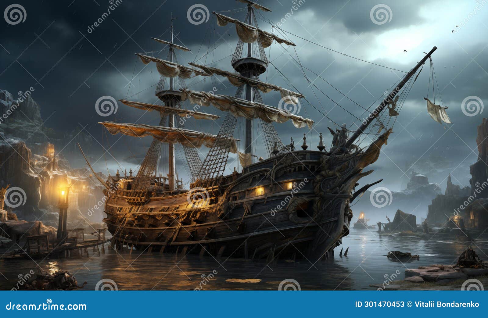 Fantasy Landscape with a Pirate Ship in the Sea. 3d Render. Stock ...