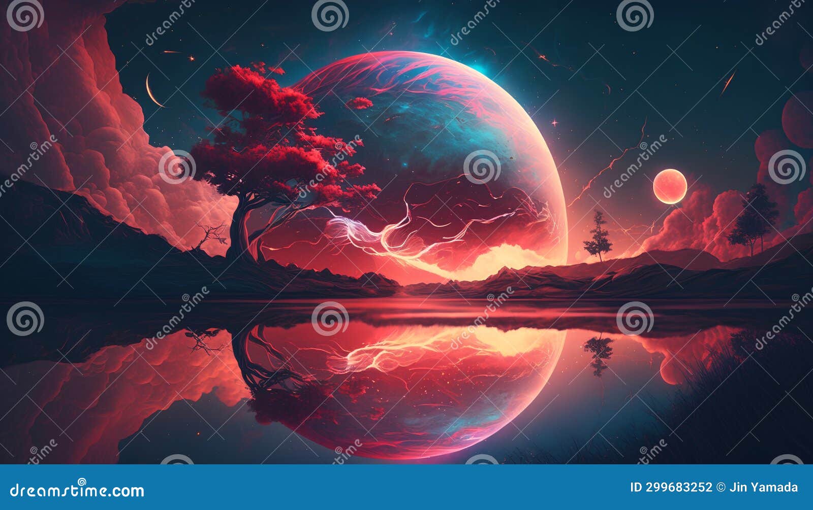 Fantasy Landscape with Planet, Trees and Fire. 3d Illustration Stock ...