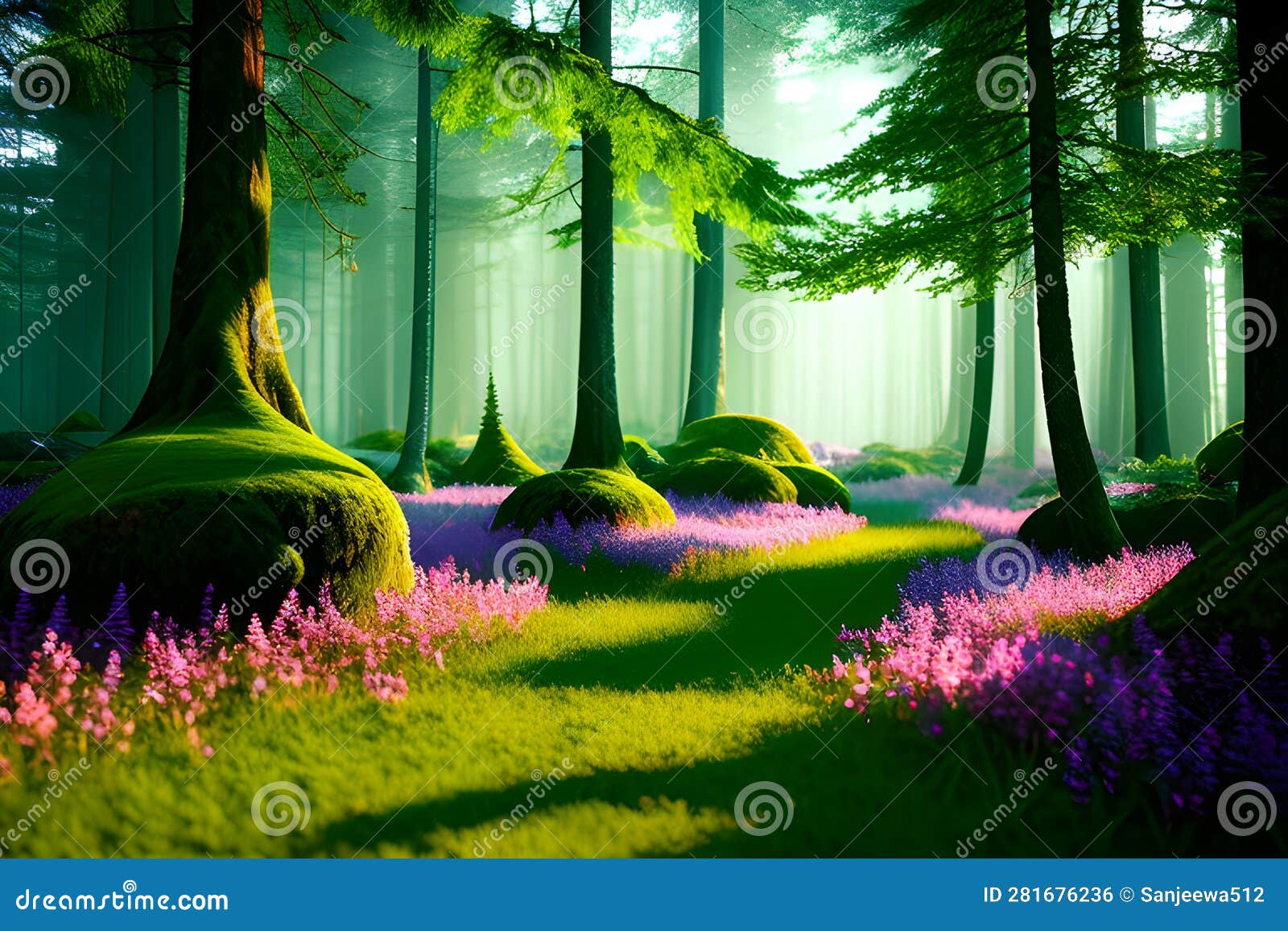 Fantasy Landscape with Purple Flowers in the Forest. Stock Illustration ...