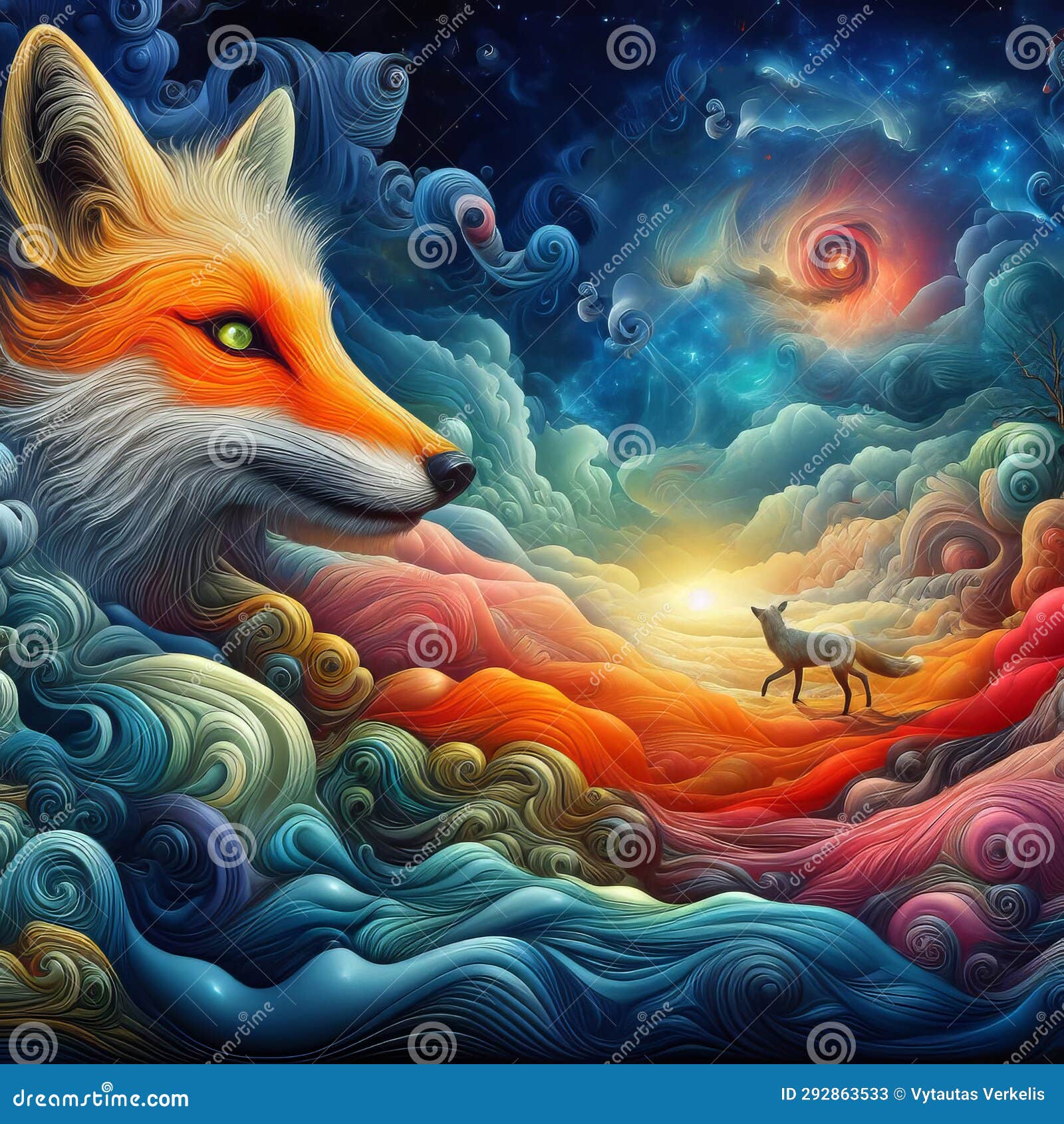 Fantasy Landscape with Red Fox in the Sky. Stock Illustration ...