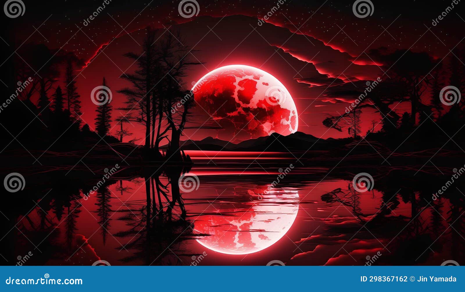 Fantasy Landscape with Red Planet and Forest on the Lake. Vector ...