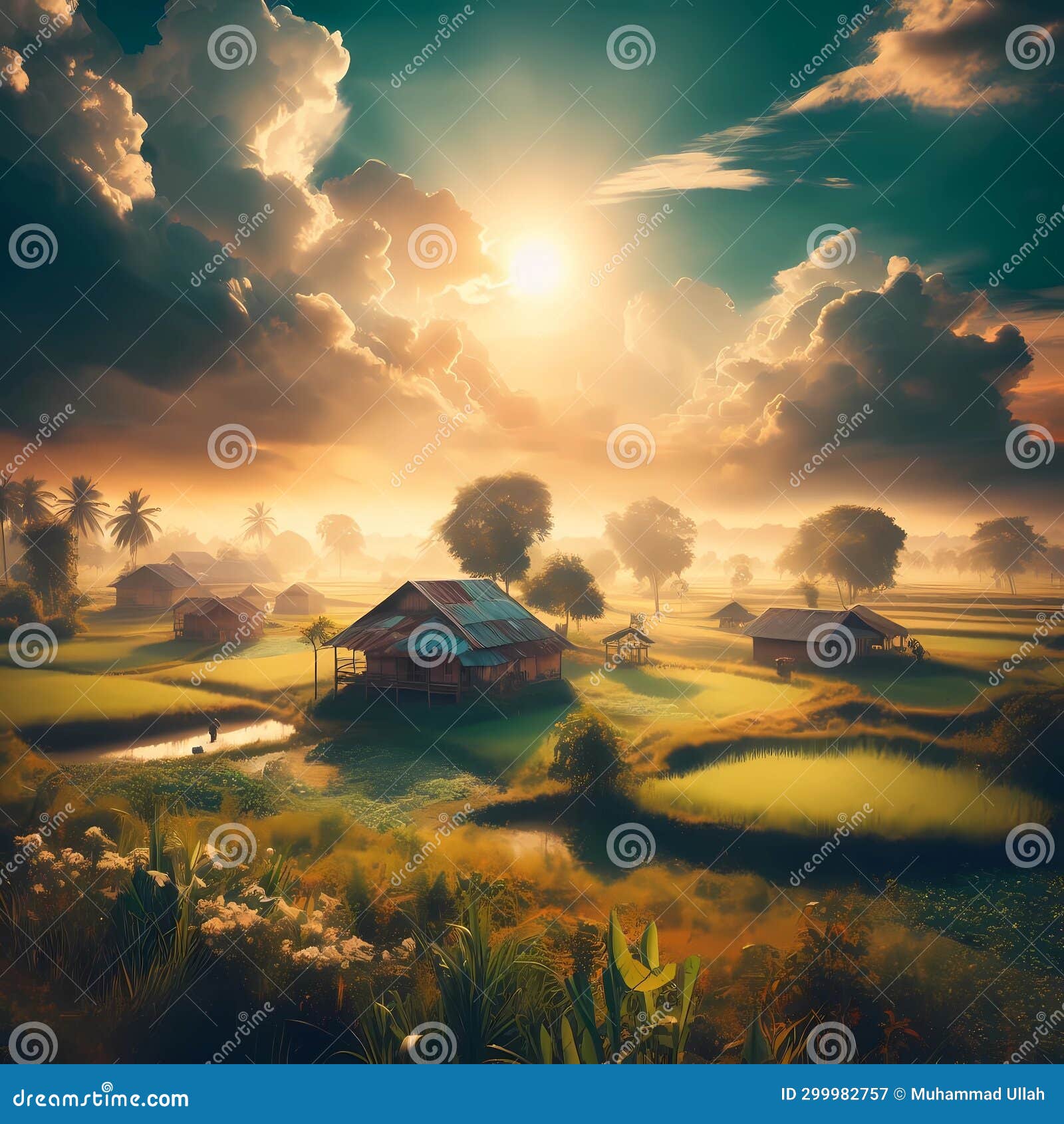 Fantasy Landscape with Rice Fields and a Hut . 3d Rendering Stock ...