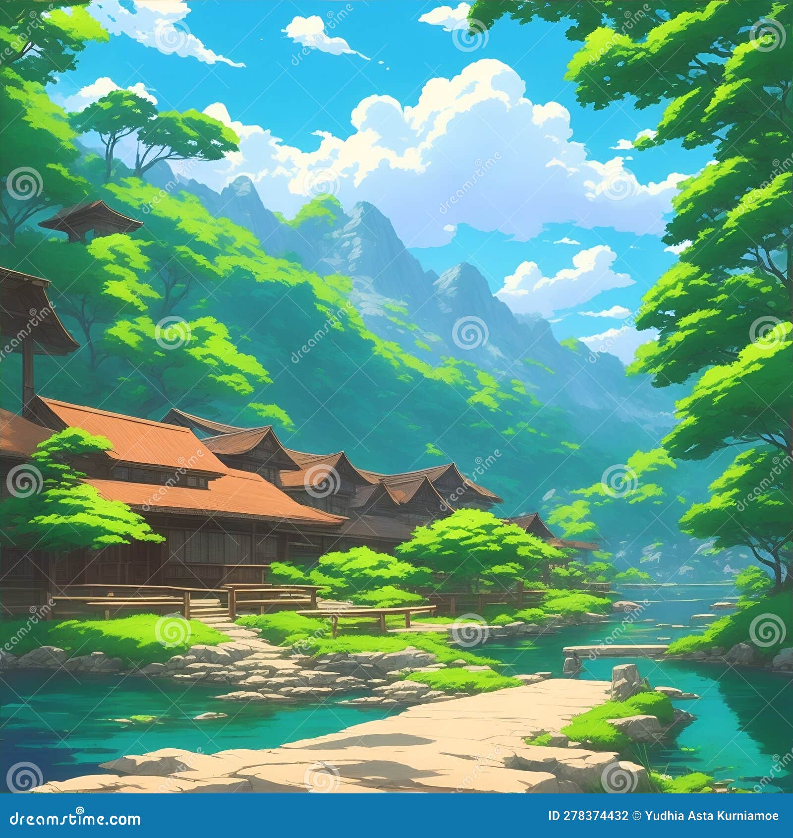 Fantasy Landscape with River, Mountains and Forest. Stock Illustration ...