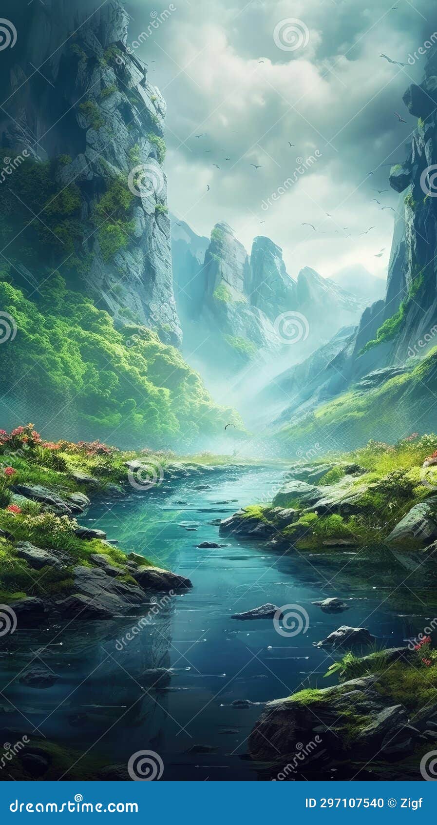 Fantasy Landscape with a River and Mountains Stock Illustration ...