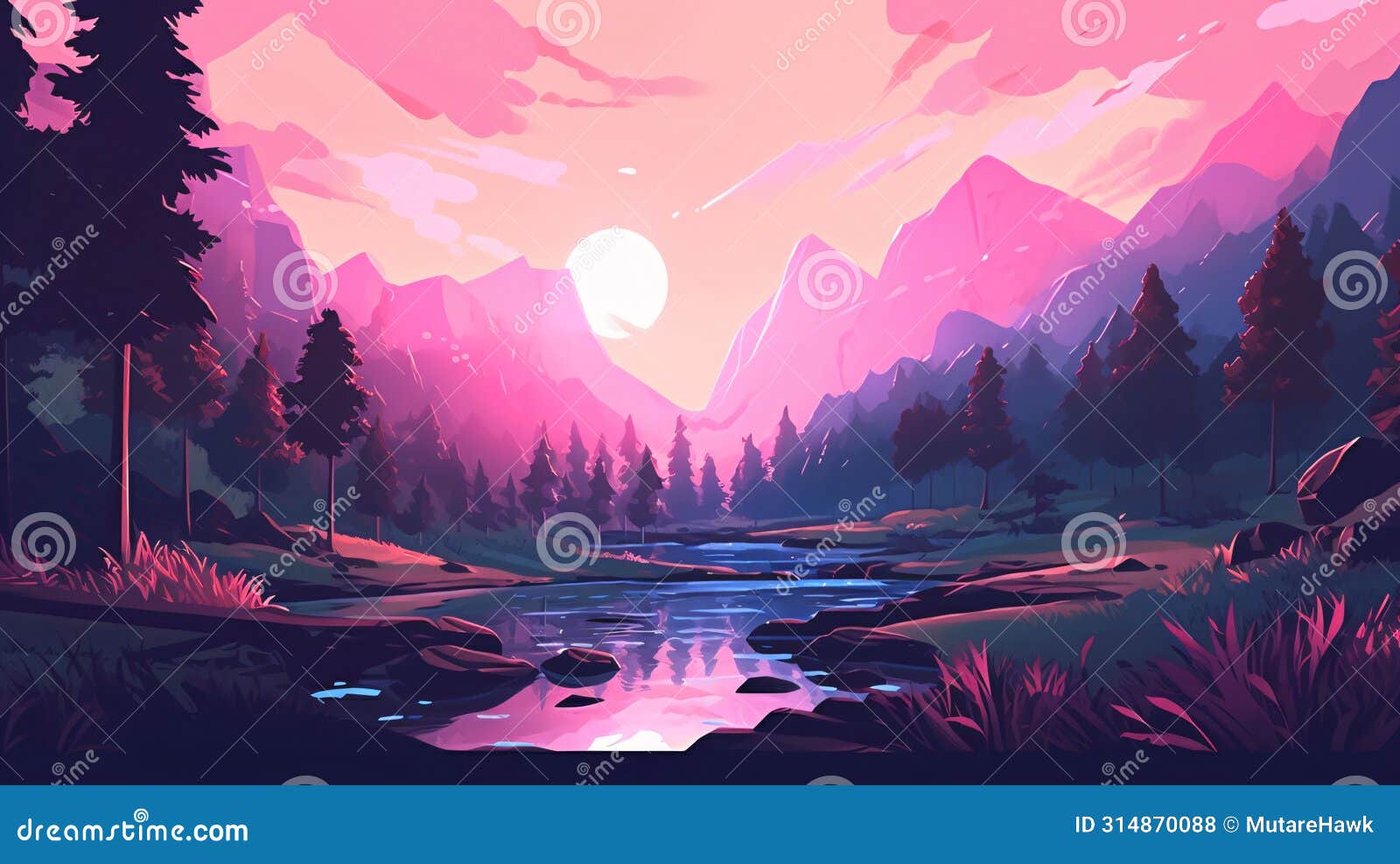 Fantasy Landscape with River and Mountains at Sunset. Vector ...