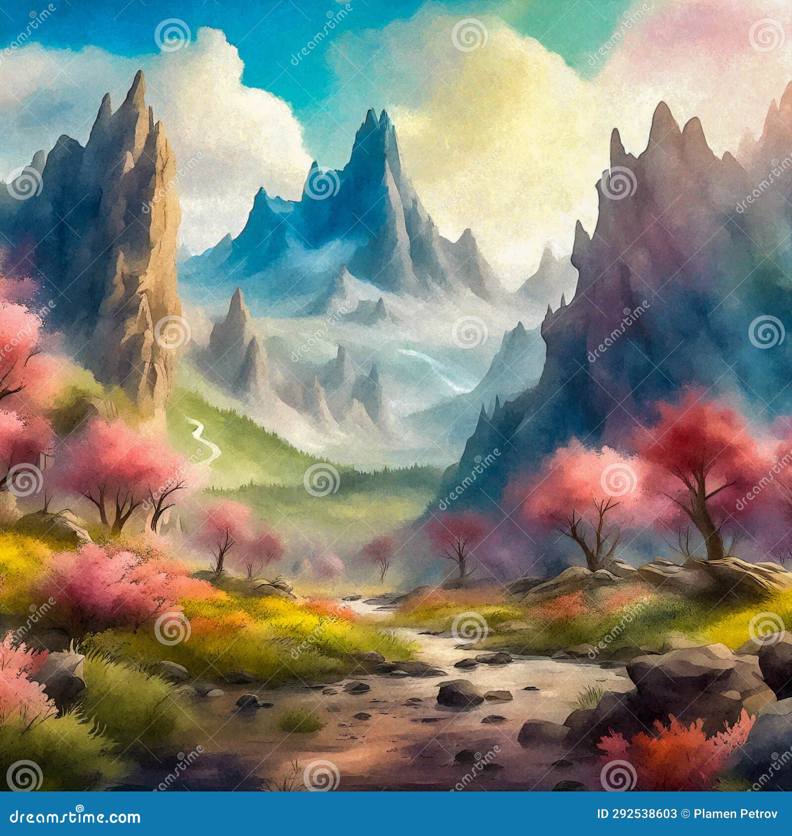 Fantasy Landscape with River, Mountains and Trees. Digital Drawing ...