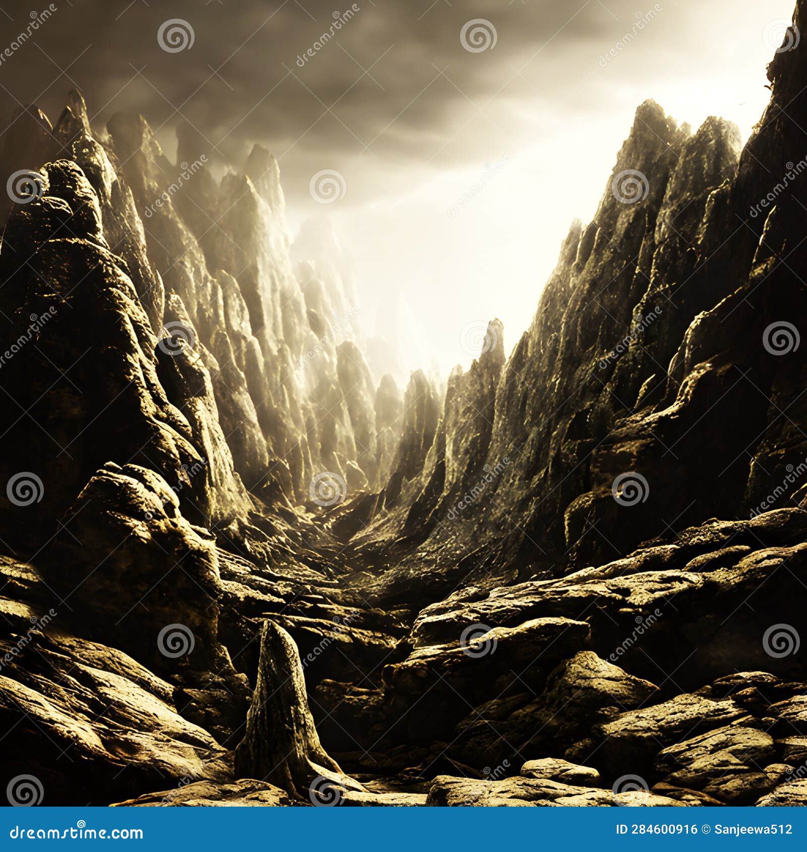 Fantasy Landscape with Rocks and Stormy Sky. 3d Illustration Stock ...